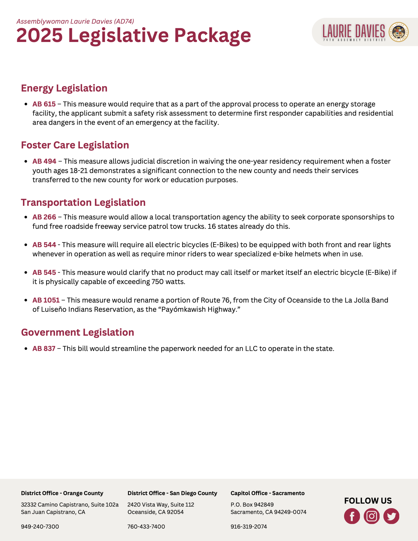 2025 Legislative Package - AD74 | Davies